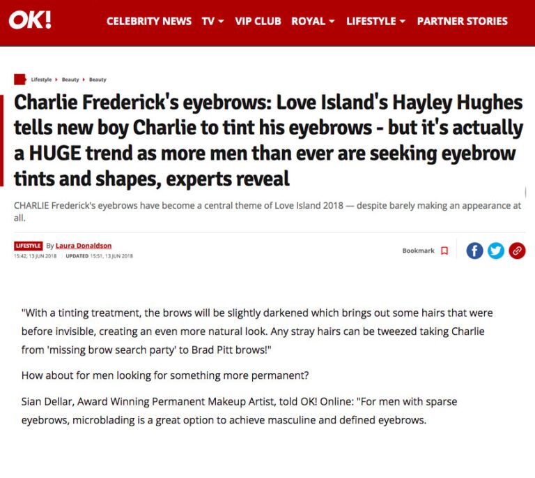 Ok Magazine - Charlie Frederick's eyebrows in Love Island - Sian Dellar